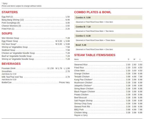 Fusion Bowl menu in Pasadena, California, USA