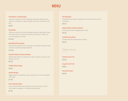 The Overlook Cafe menu in Glen Rose, Texas, USA