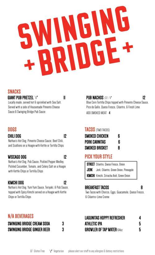 Swinging Bridge Brewing Company menu in River Falls, Wisconsin, USA
