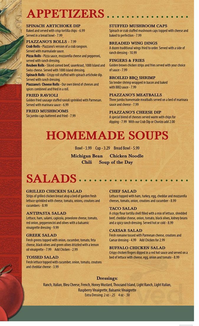 PIAZZANO'S menu in Lansing, Michigan, USA