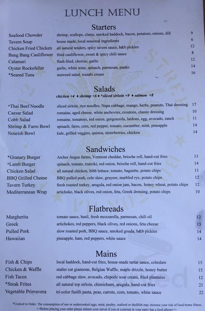 Menu - Boston MA's Granary Tavern | Sirved