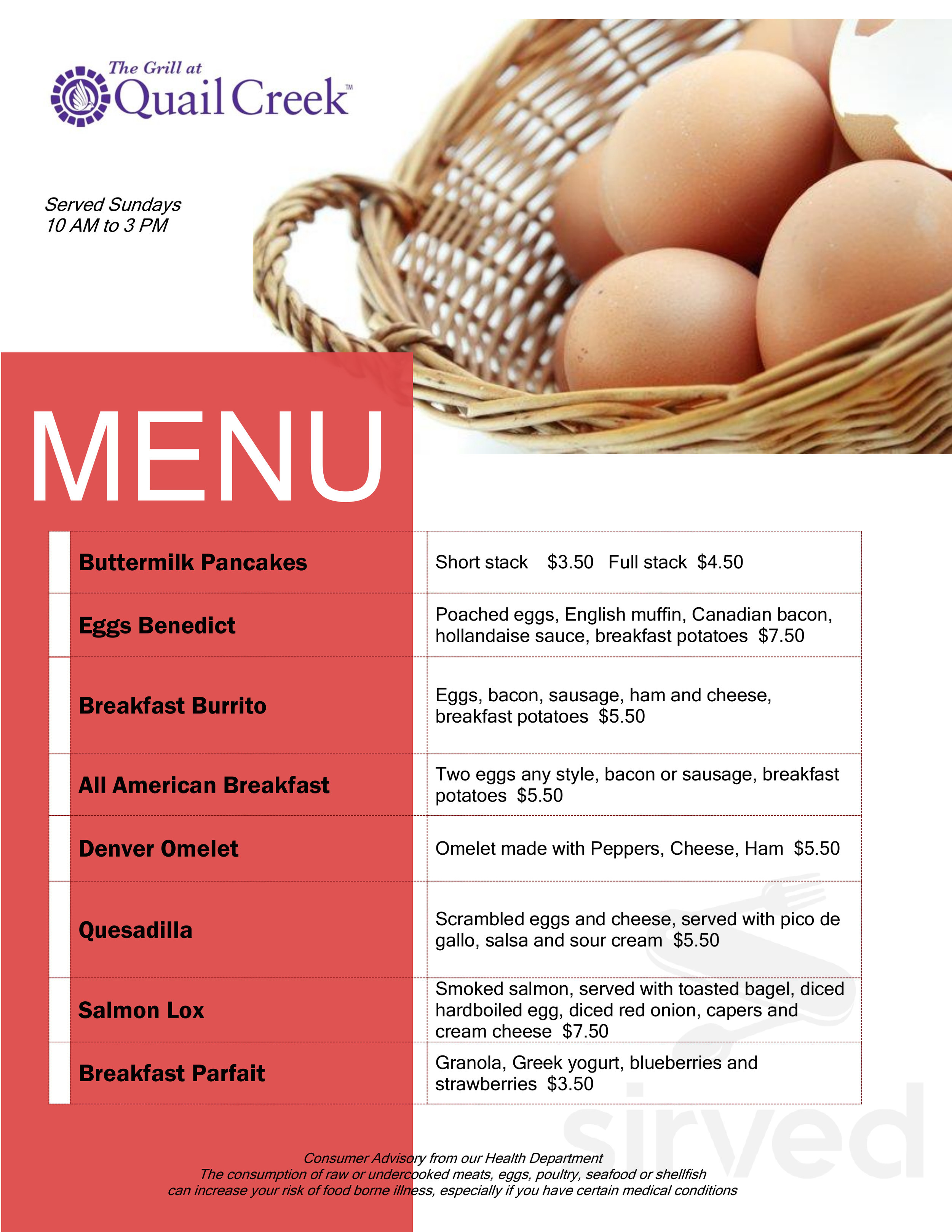 The Grill at Quail Creek menu in Green Valley, Arizona, USA