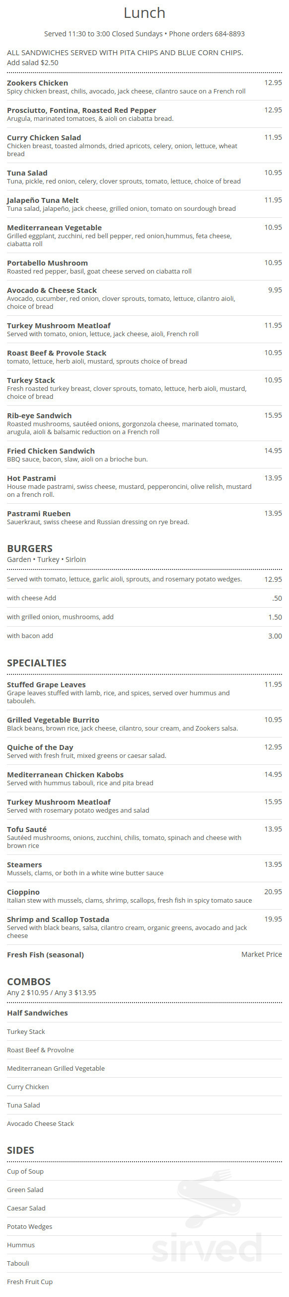 Zookers Restaurant menu in Carpinteria, California, USA