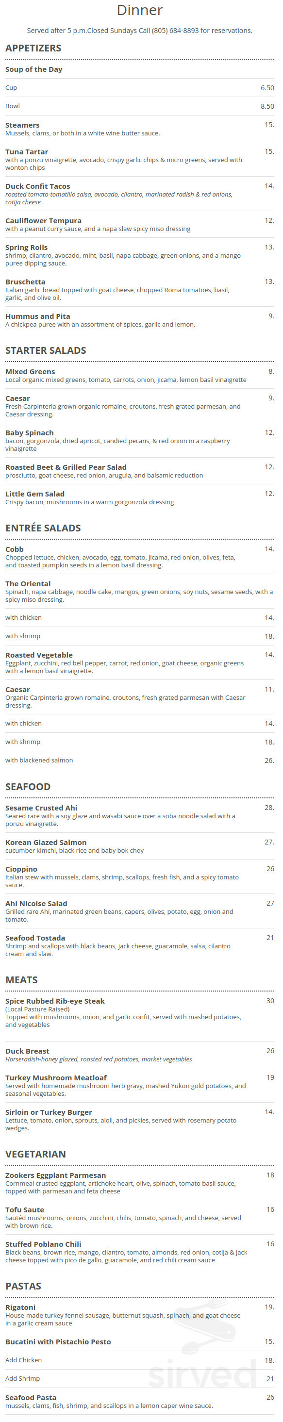 Zookers Restaurant menu in Carpinteria, California, USA