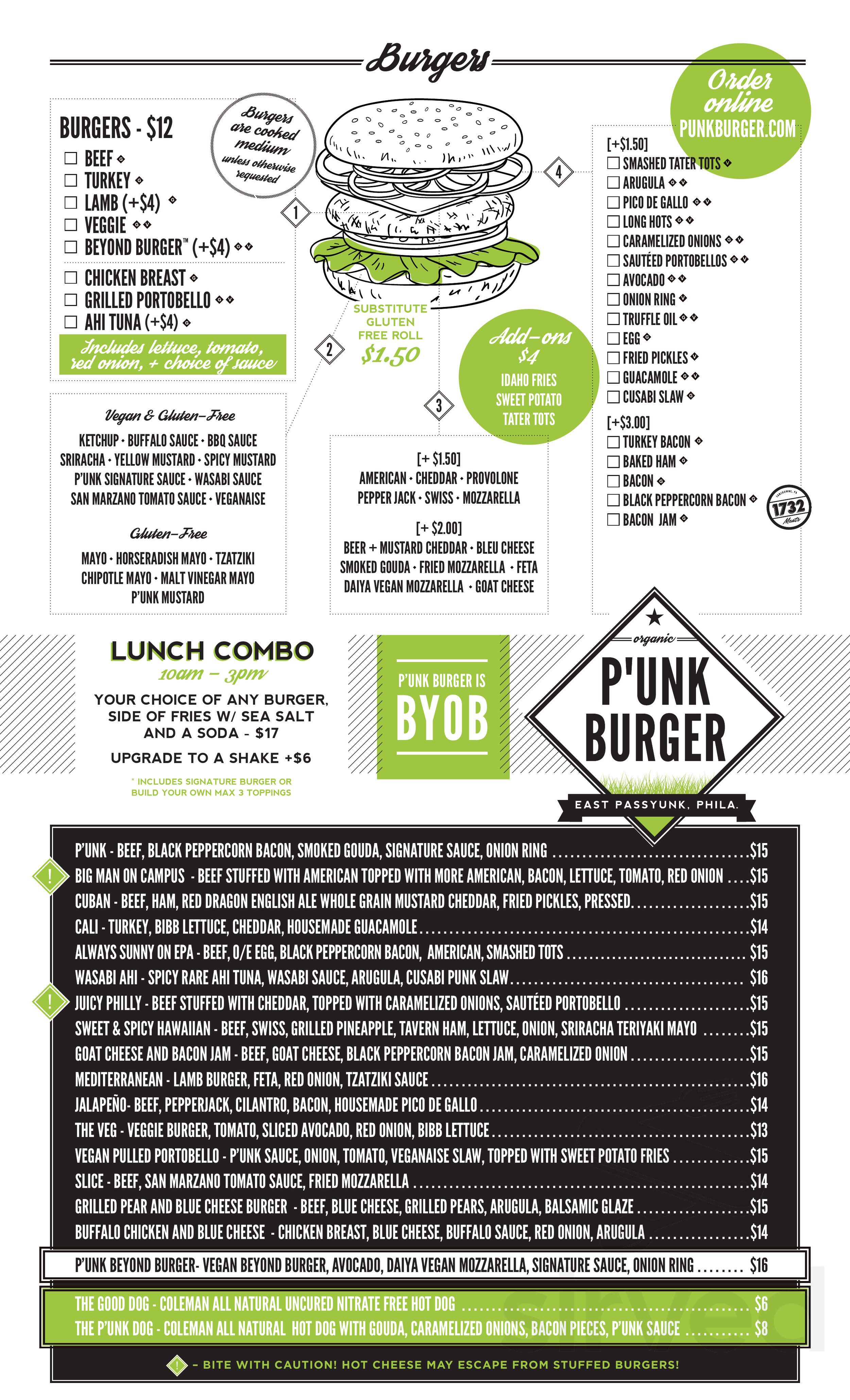 P'unk Burger menu in Philadelphia, Pennsylvania, USA