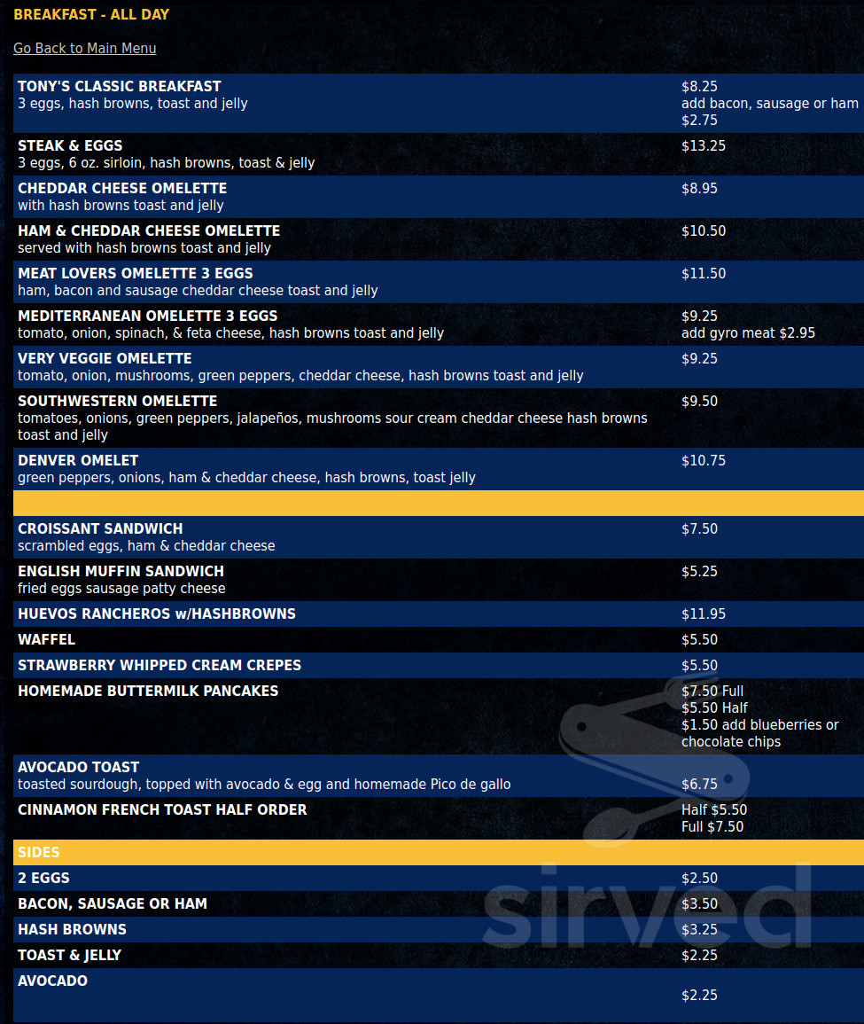 Tony's Diner menu in Minneapolis, Minnesota, USA