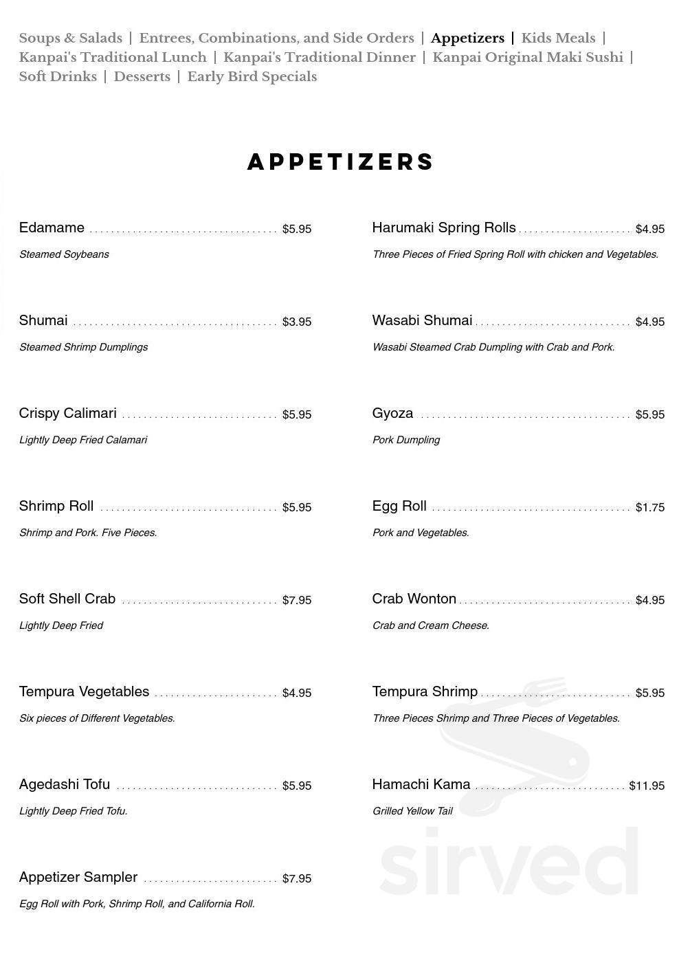 Kanpai 2 menu in Savannah, Georgia, USA
