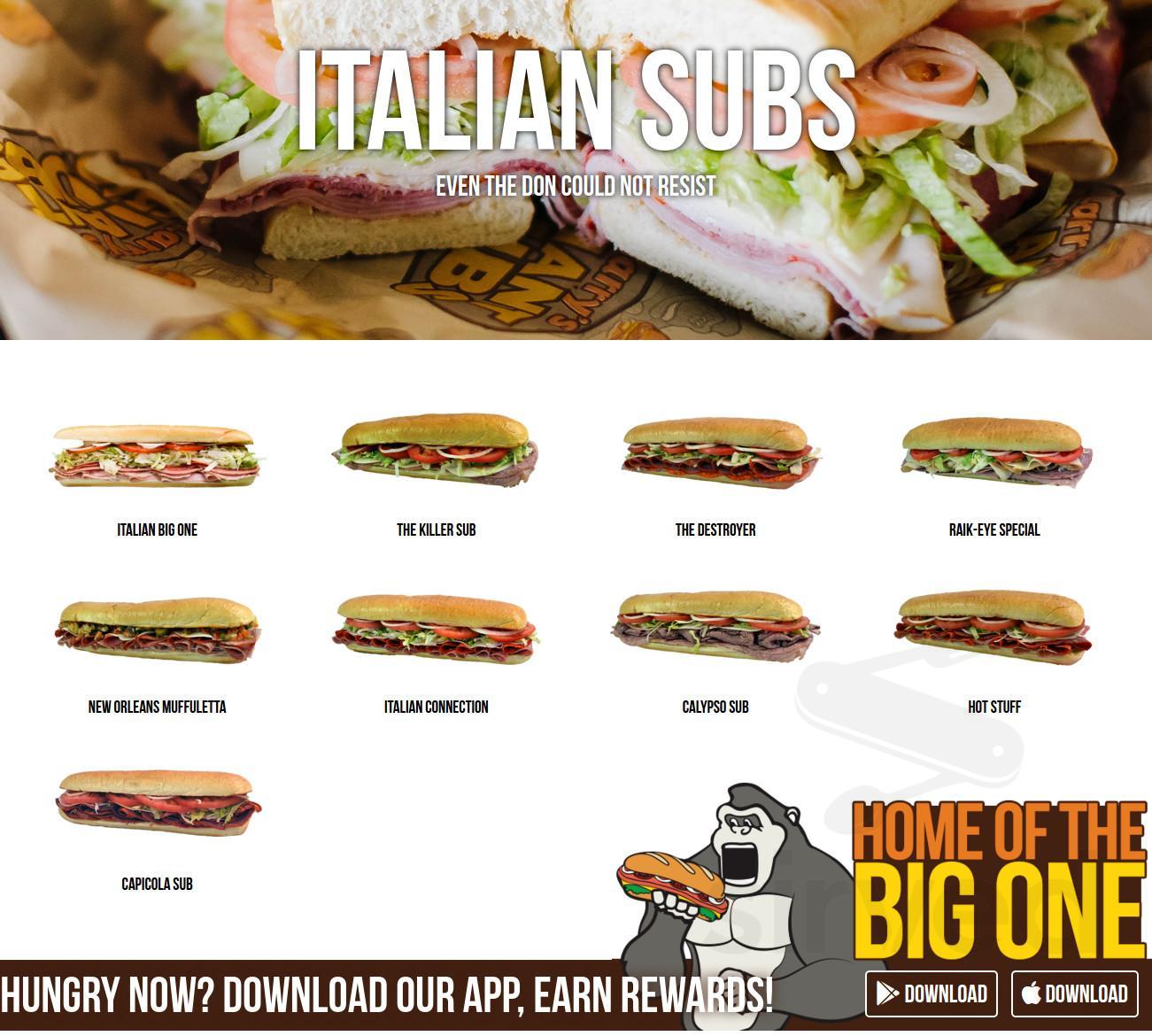 Larry's Giant Subs menu in Savannah, Georgia, USA