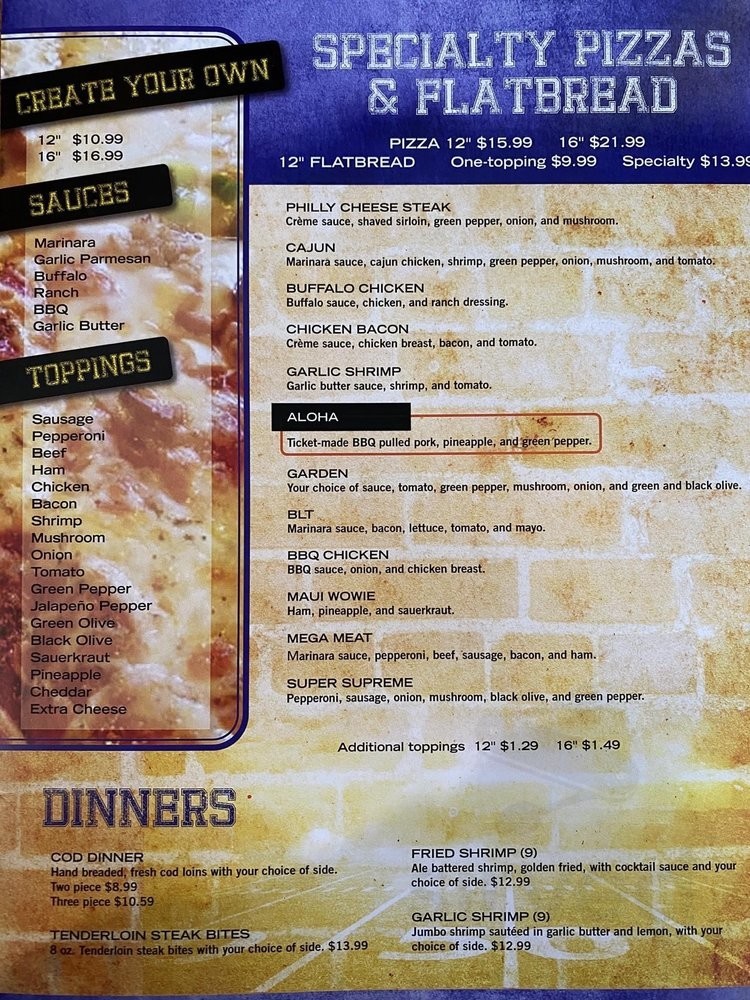 Ticket Bar & Grill menu in Platteville, Wisconsin, USA