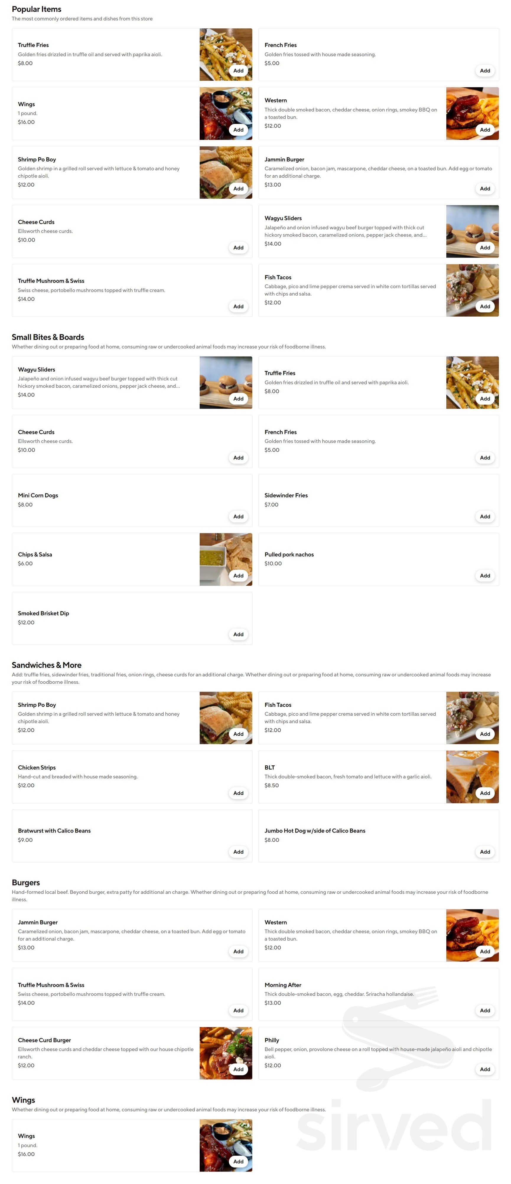 River Jams menu in Chippewa Falls, Wisconsin, USA