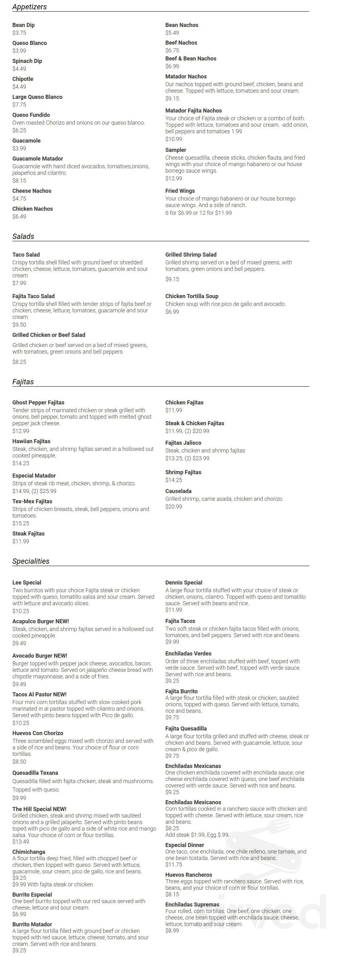 Matador Mexican Bar and Grill menu in Siloam Springs, Arkansas, USA