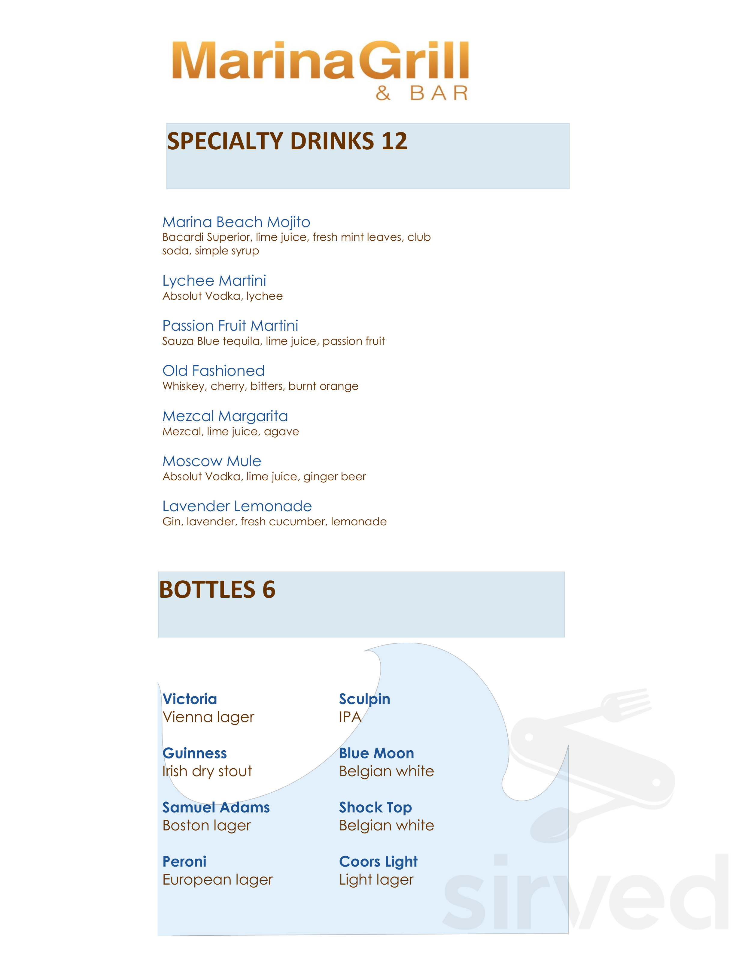 Menu - Marina Del Rey CA's Marina Grill & Bar | Sirved