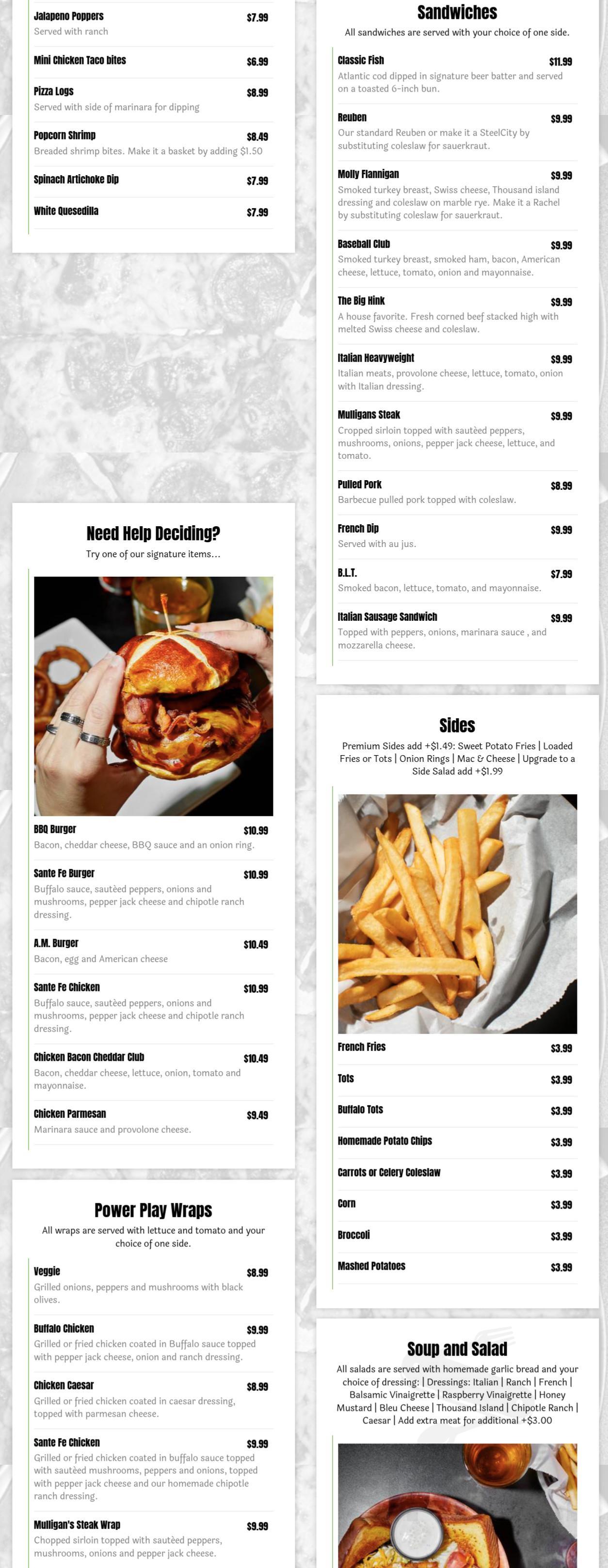 Mulligan's Sports Bar & Grill menu in West Mifflin, Pennsylvania, USA