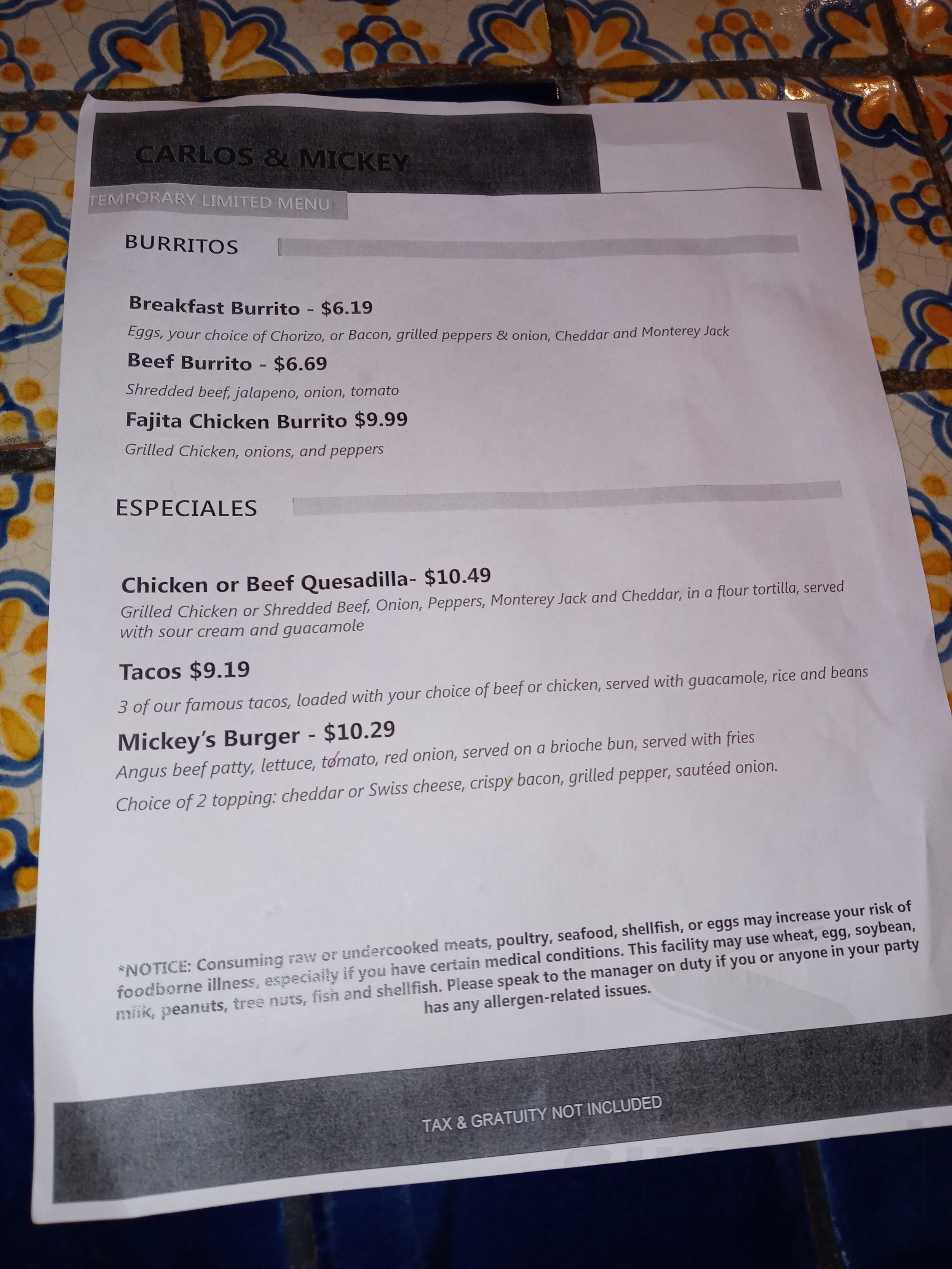 HMSHost menu in El Paso, Texas, USA