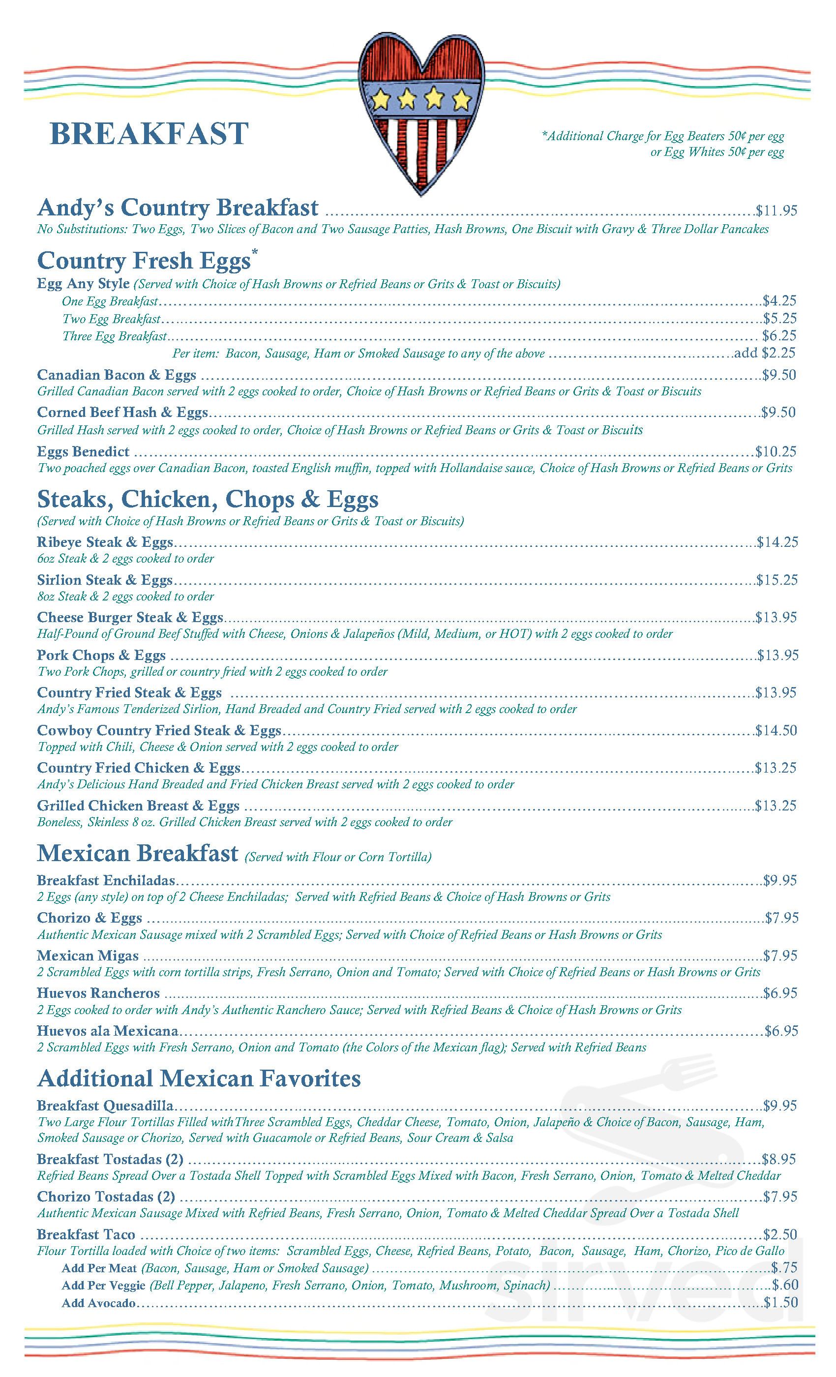 Andy's Kitchen menu in Corpus Christi, Texas, USA