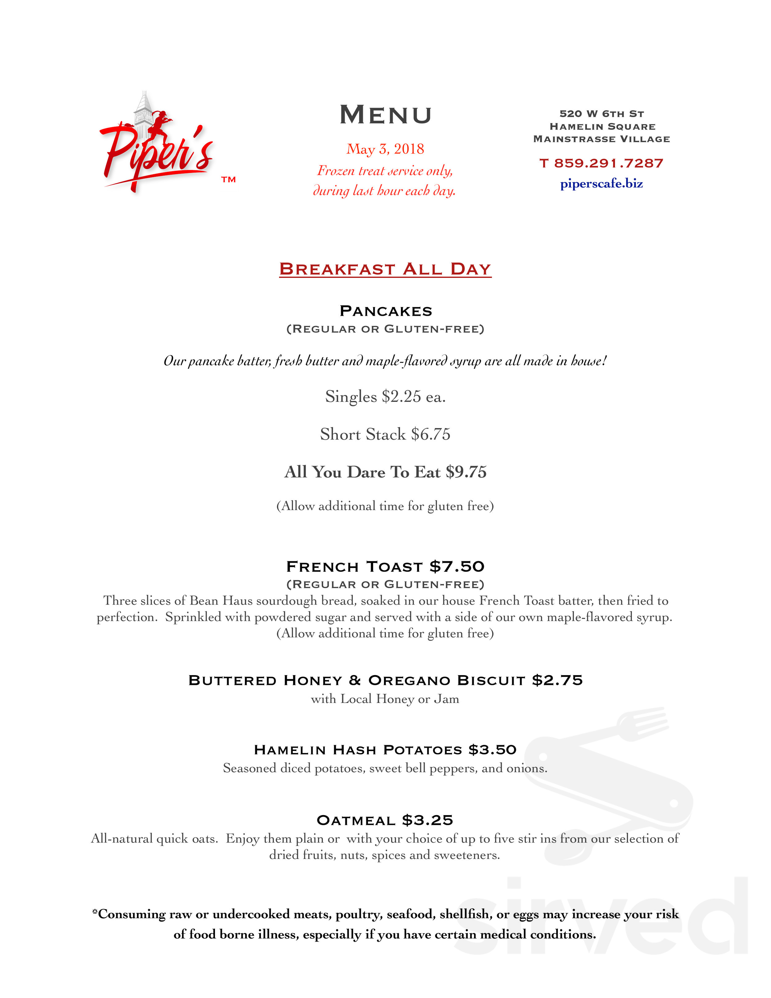Piper's Cafe and Ice Cream Bar menu in Covington, Kentucky, USA
