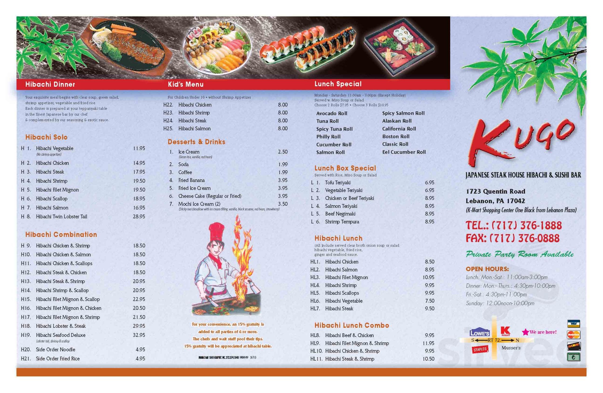 Menu for Kugo Japanese Restaurant in Lebanon, PA | Sirved