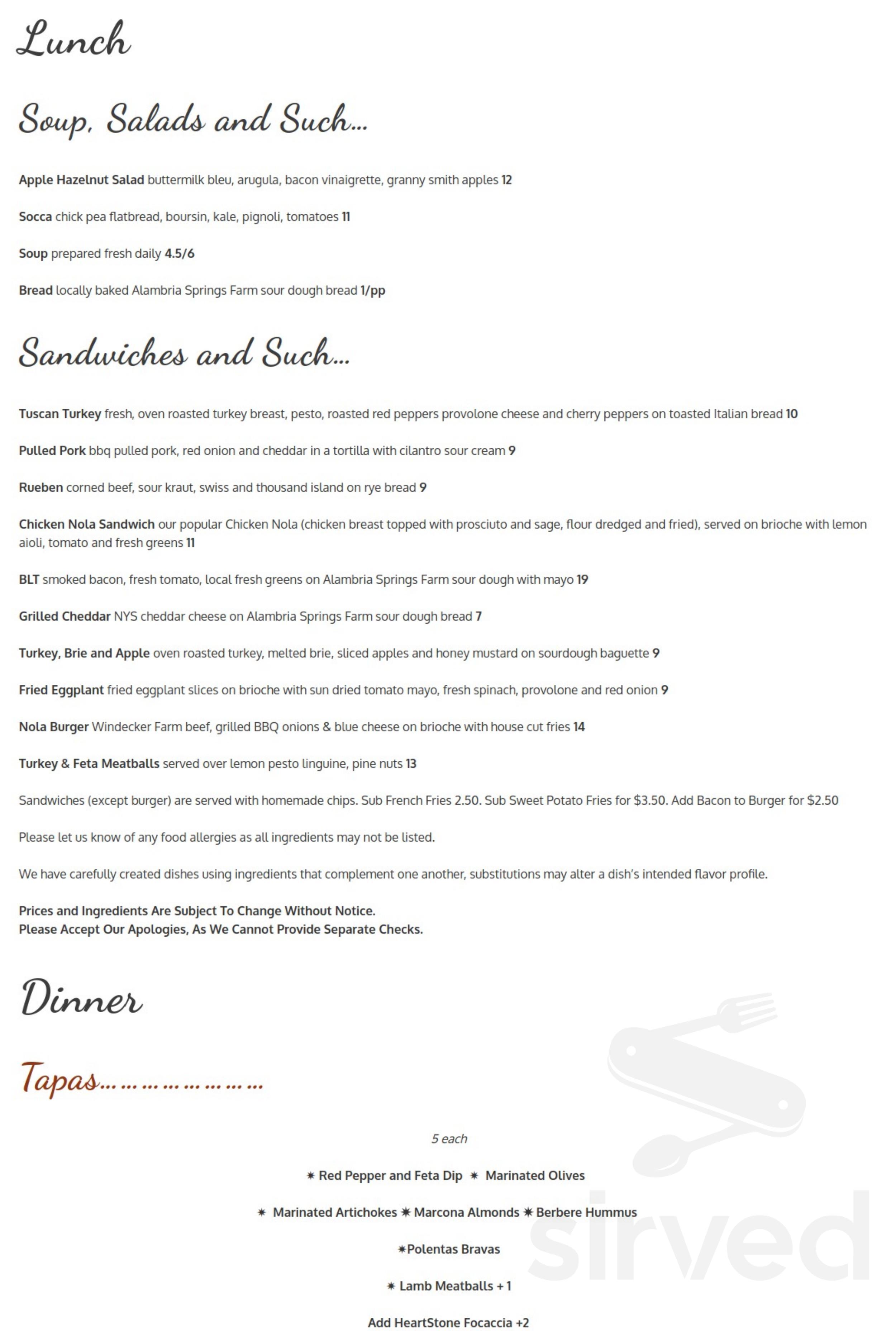 Nola's menu in Clinton, New York, USA