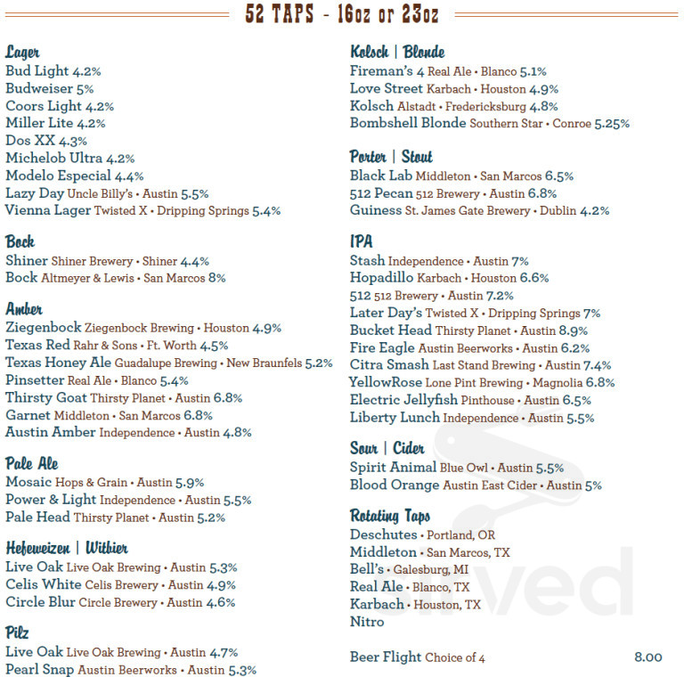 Hays City Store & Ice House menu in Driftwood, Texas, USA