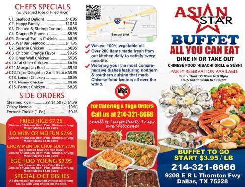 Asian Star Buffet menu in Dallas, Texas, USA