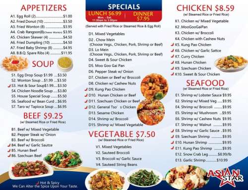 Asian Star Buffet menu in Dallas, Texas, USA