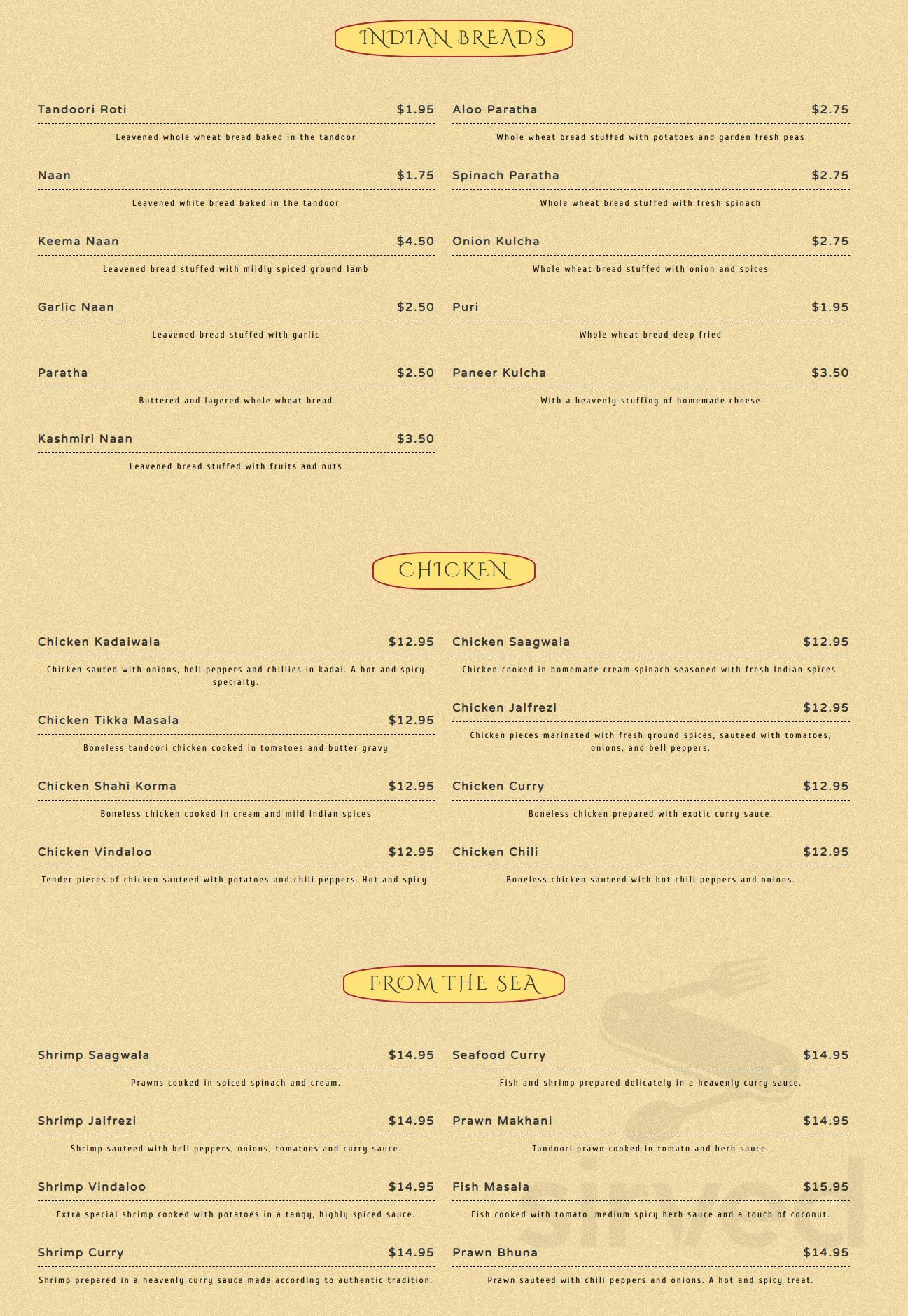 India Palace menu in Tulsa, Oklahoma, USA