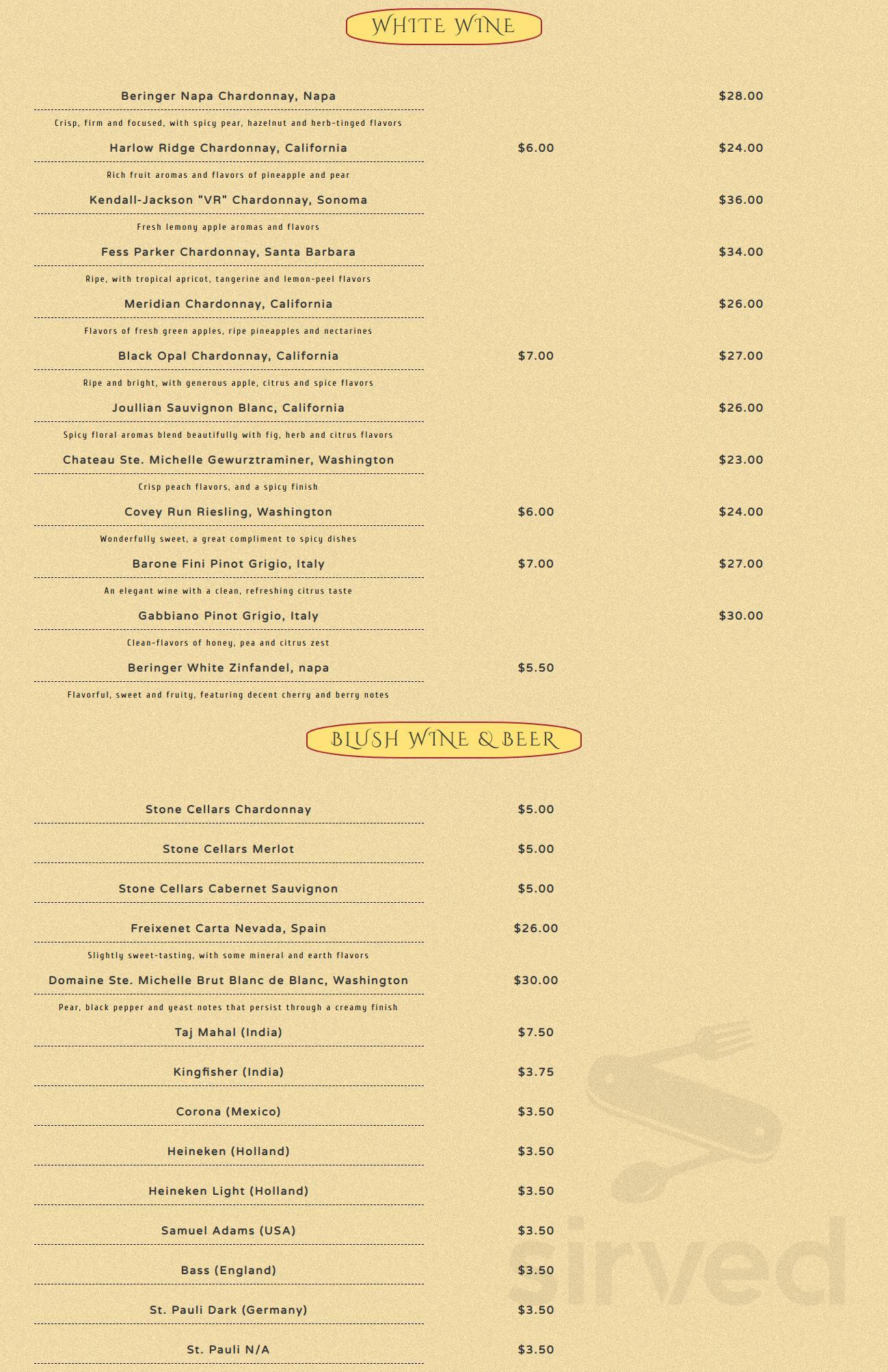 India Palace menu in Tulsa, Oklahoma, USA