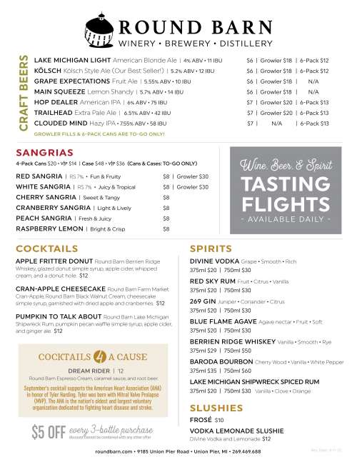 Round Barn Tasting Room - Union Pier menu in Union Pier, Michigan, USA