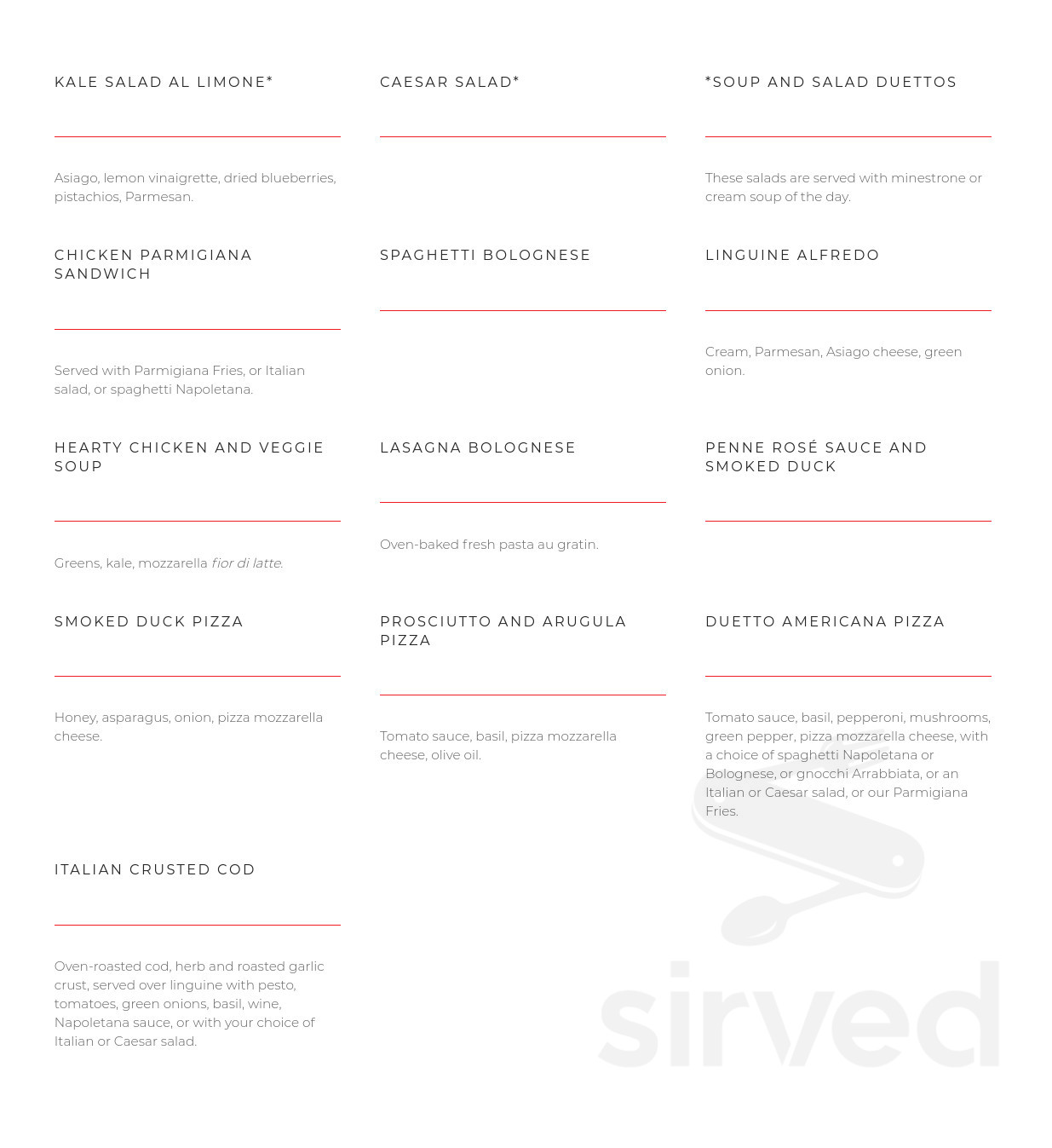 Pacini Calgary Southeast menu in Calgary, Alberta, Canada