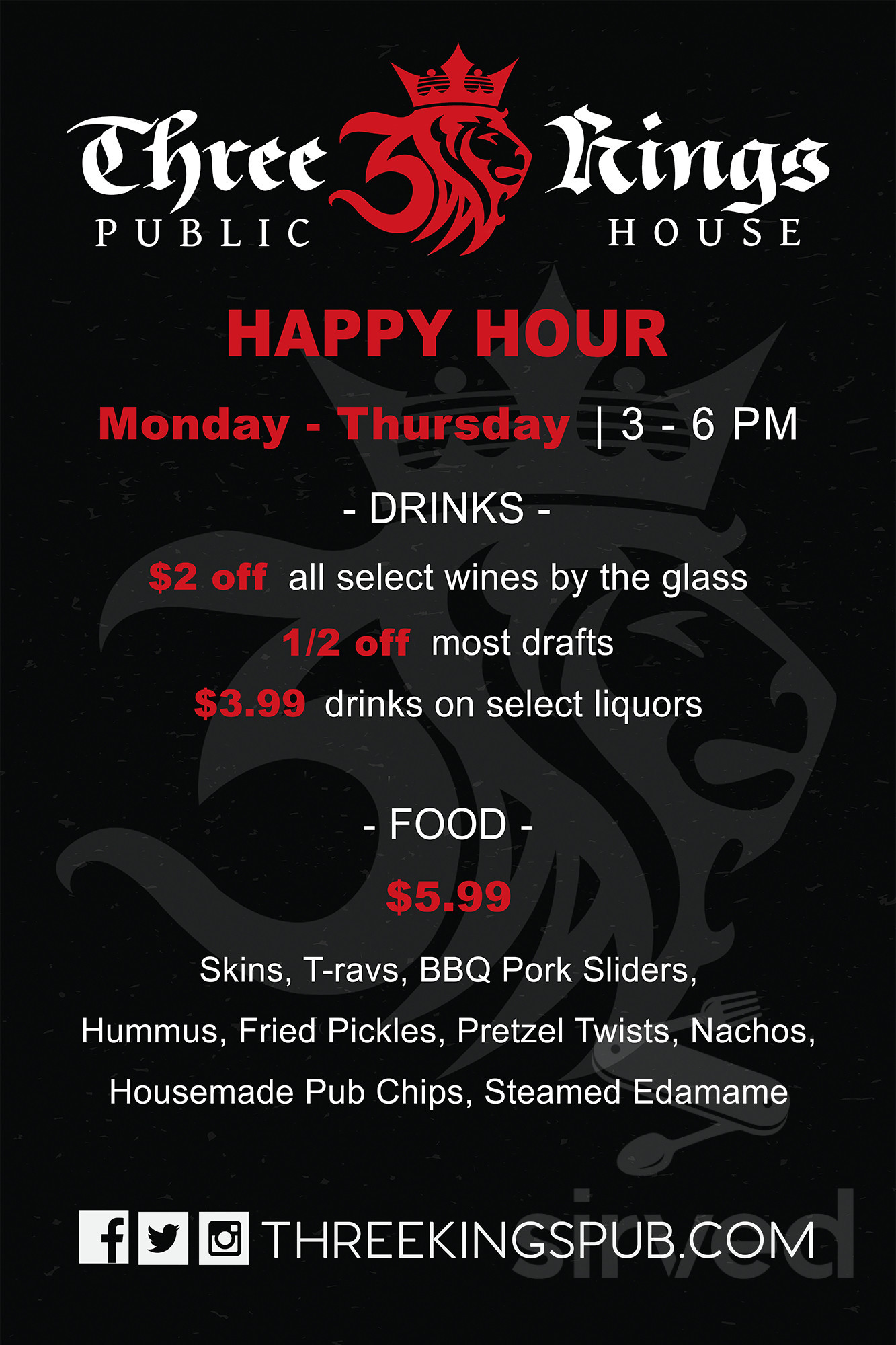 Three Kings Public House menu in St. Louis, Missouri, USA