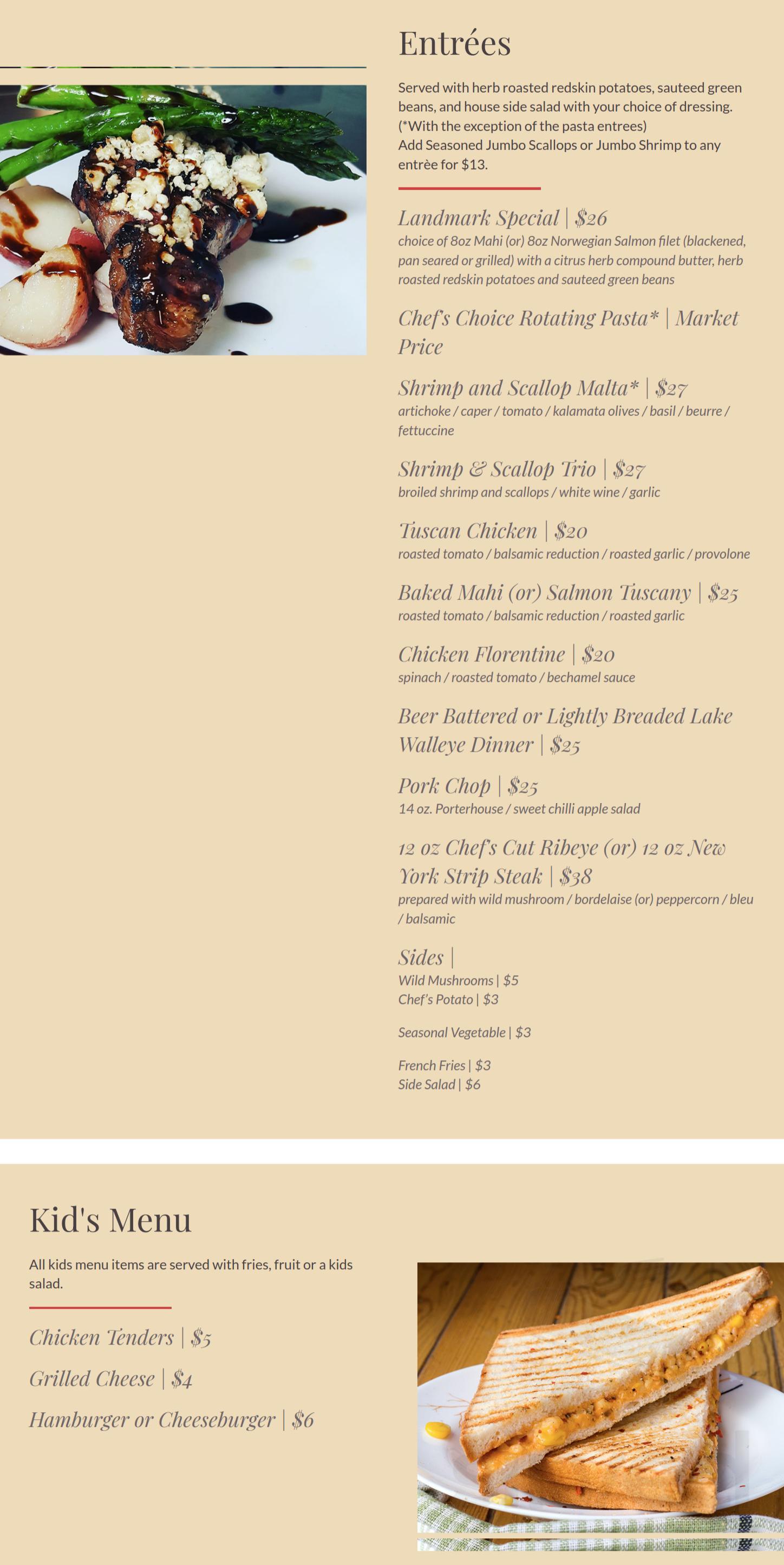 Landmark Kitchen and Bar menu in Sandusky, Ohio, USA