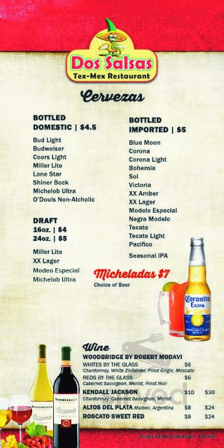 Dos Salsas menu in Austin, Texas, USA