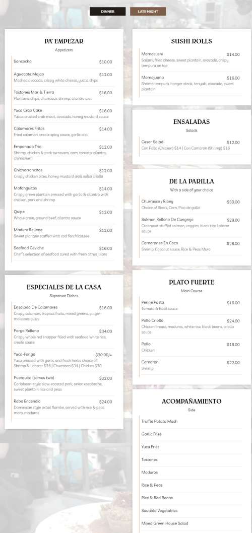 Mamajuana Cafe Tampa menu in Tampa, Florida, USA