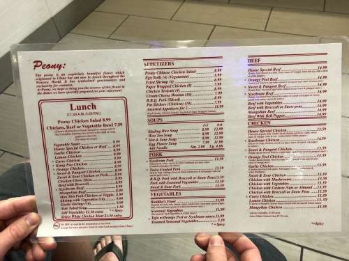 Peony Chinese Cuisine menu in Temecula, California, USA