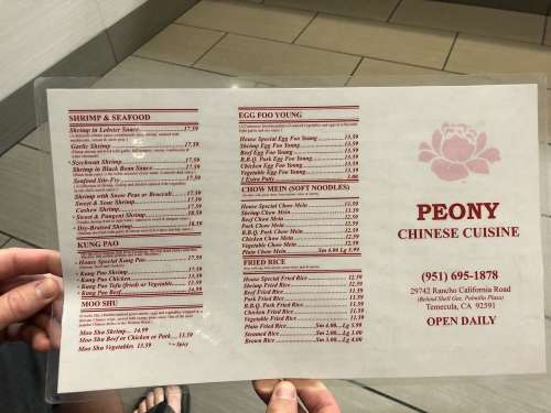 Peony Chinese Cuisine menu in Temecula, California, USA