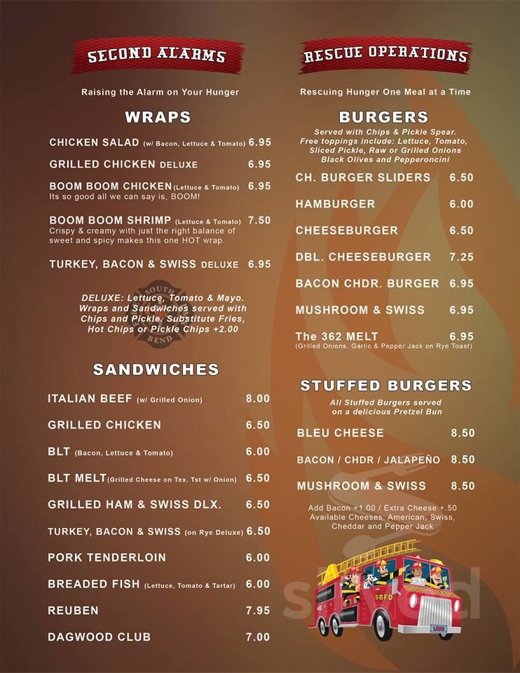 Grill 362 - South Bend Firefighters Assc. menus in South Bend, Indiana ...