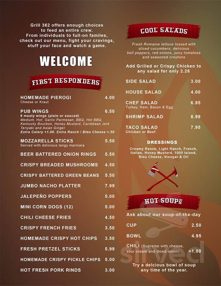 Grill 362 - South Bend Firefighters Assc. menus in South Bend, Indiana ...