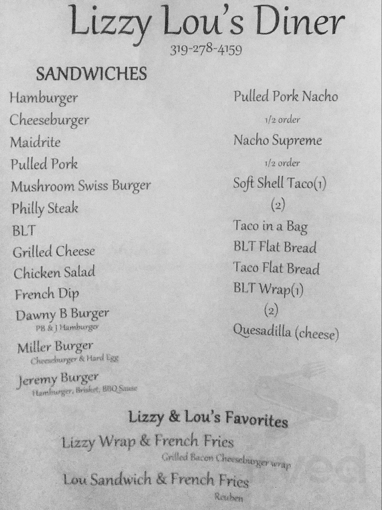 Lizzy Lou's Diner menus in Clarksville, Iowa, United States