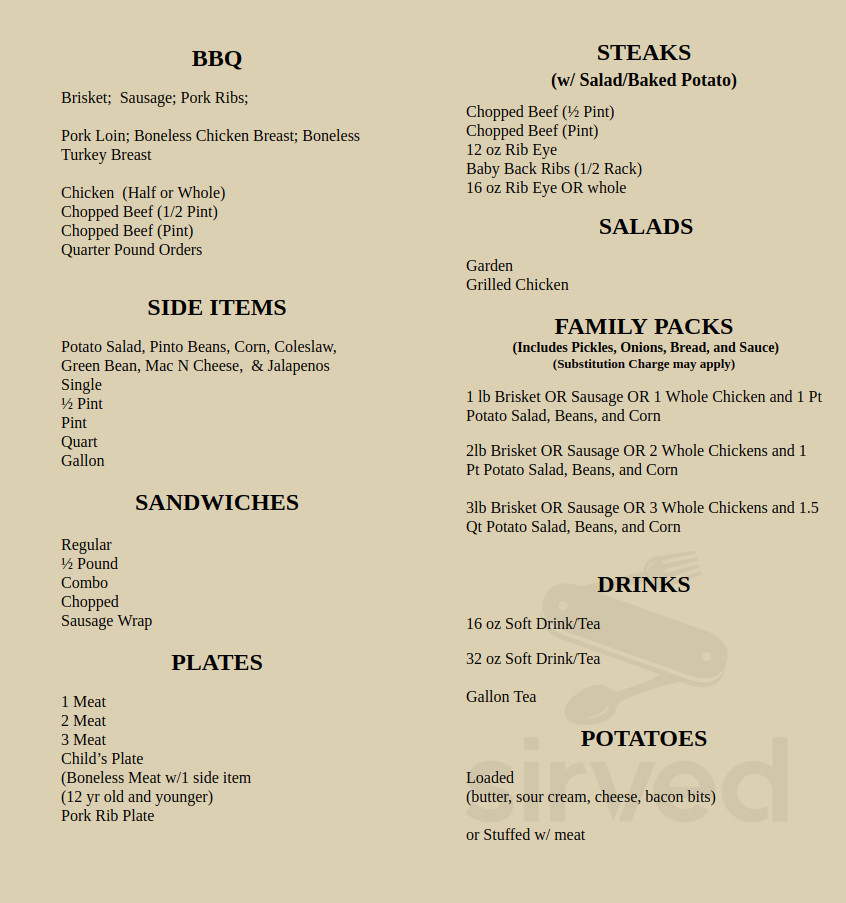 Menu for McBee's BBQ in New Braunfels, Texas, United States