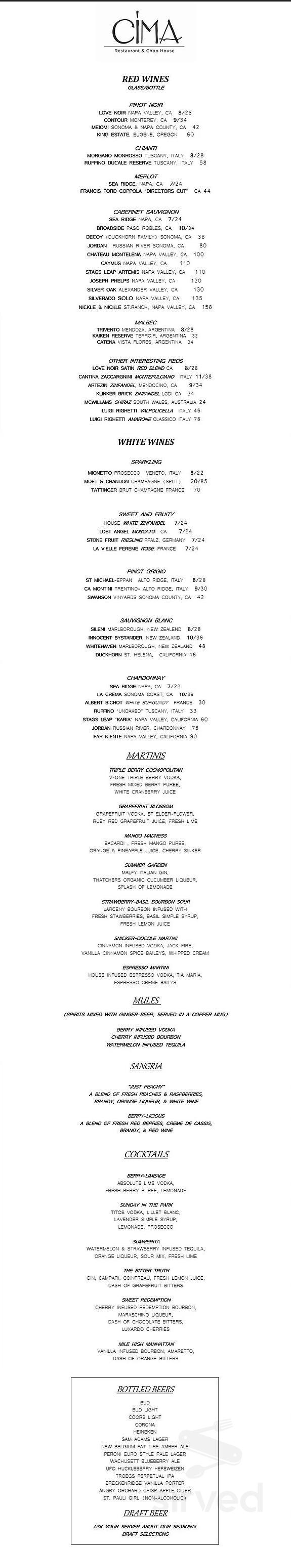 Cima Restaurant & Chop House menu in Wilbraham, Massachusetts, USA