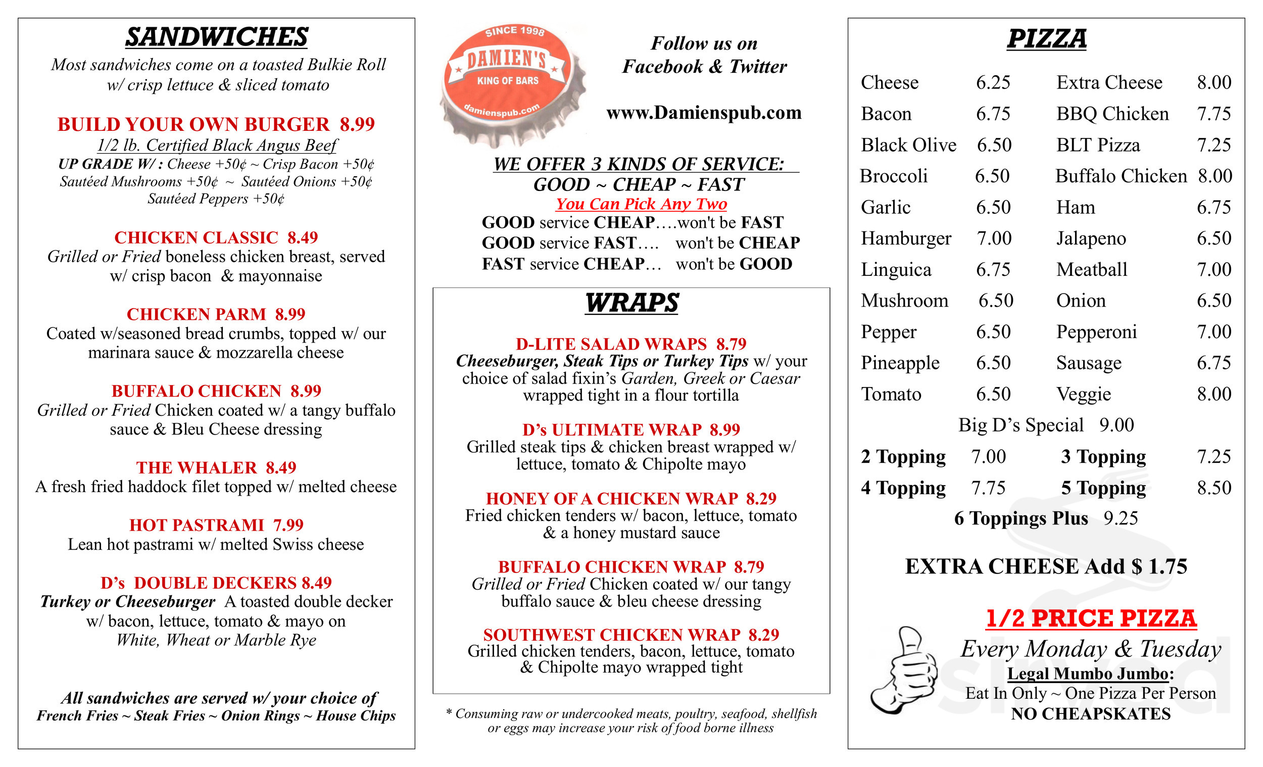 Damien's menu in Hanson, Massachusetts, USA