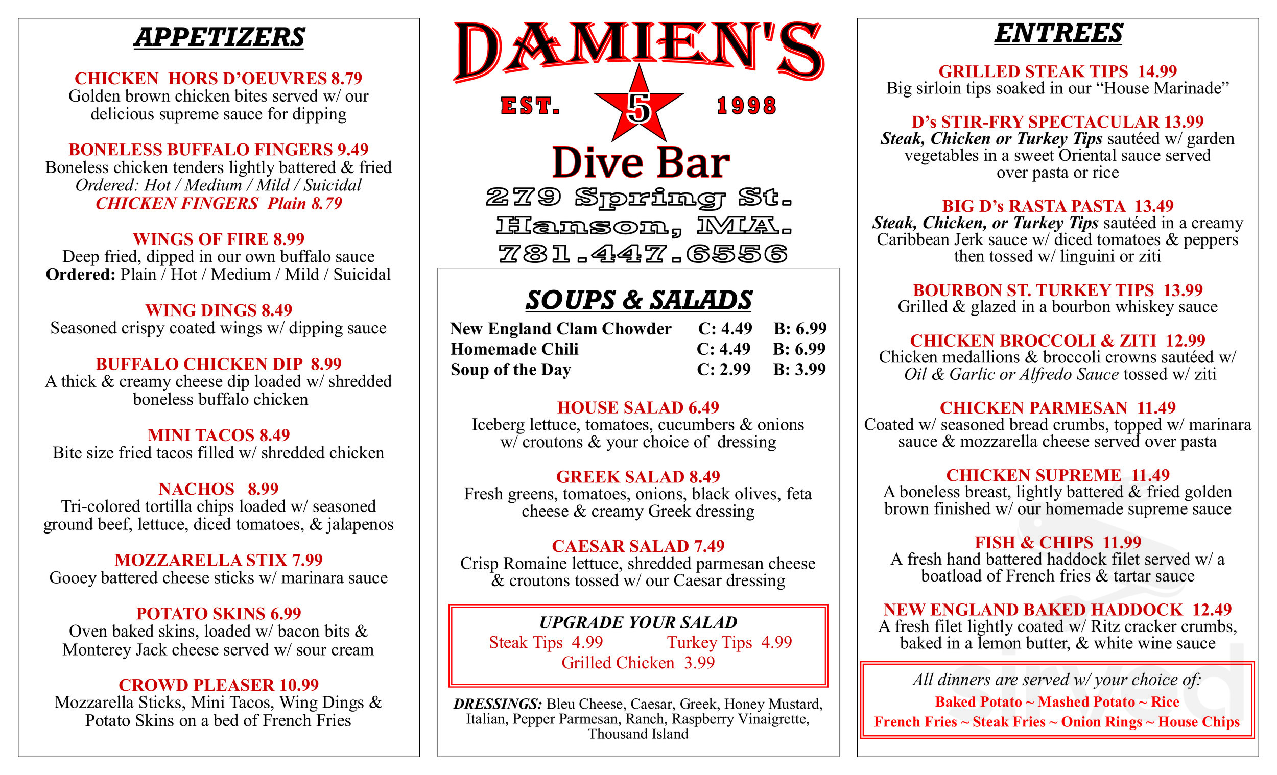 Damien's menu in Hanson, Massachusetts, USA