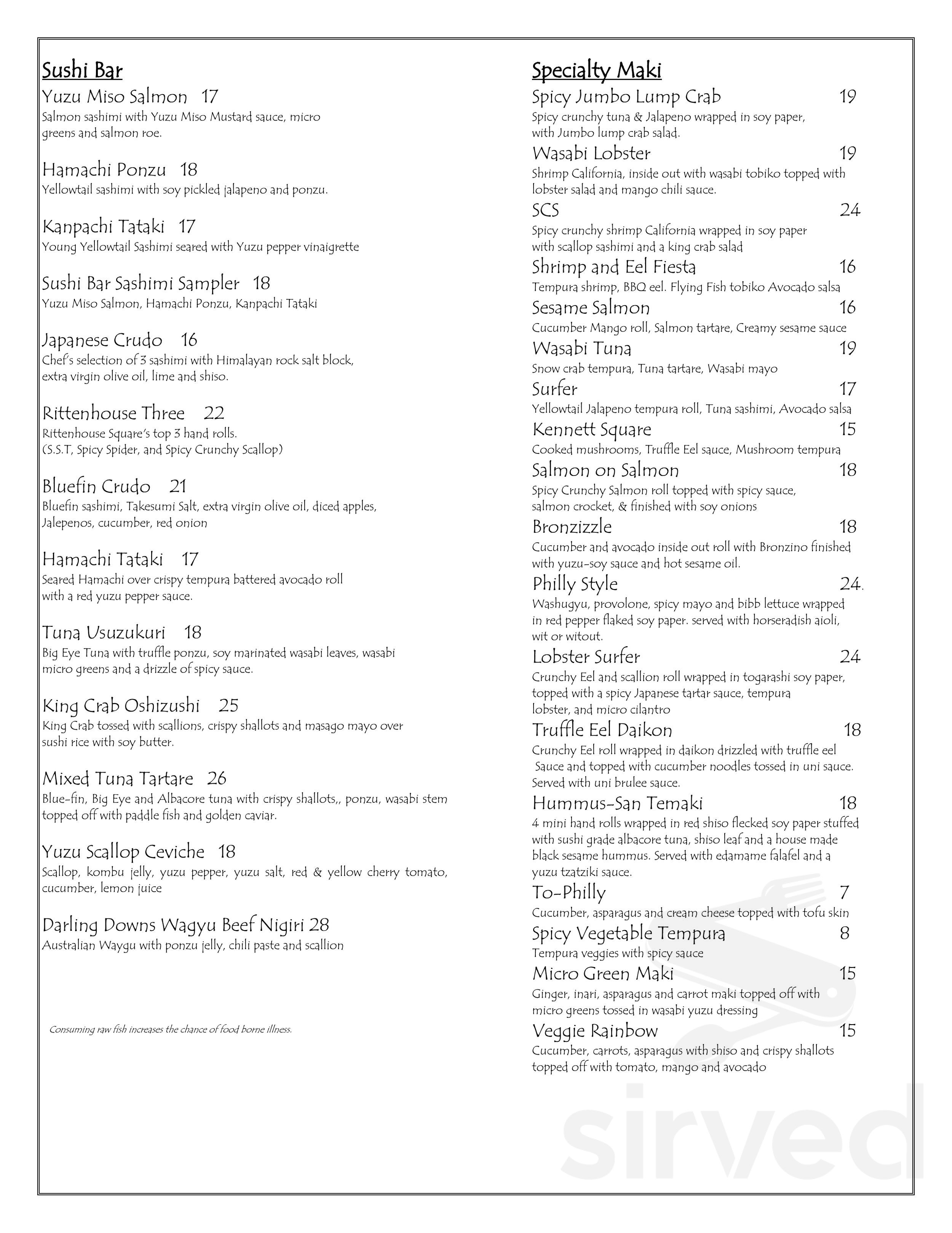 Zama menu in Philadelphia, Pennsylvania, USA