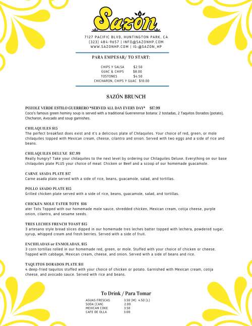 Sazón menu in Huntington Park, California, USA