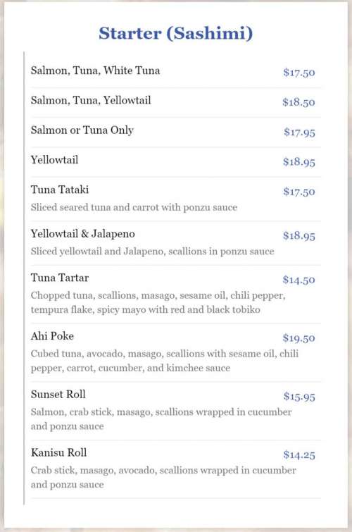 Sushi Mio menu in Johns Creek, Georgia, USA