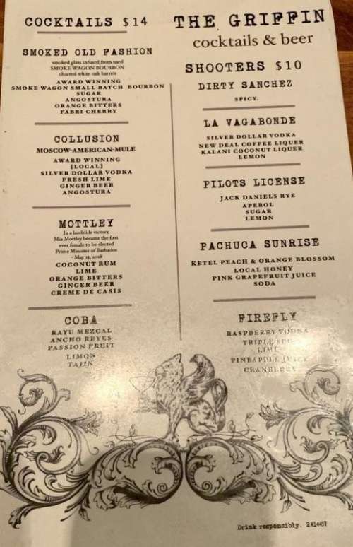 The Griffin menu in Las Vegas, Nevada, USA