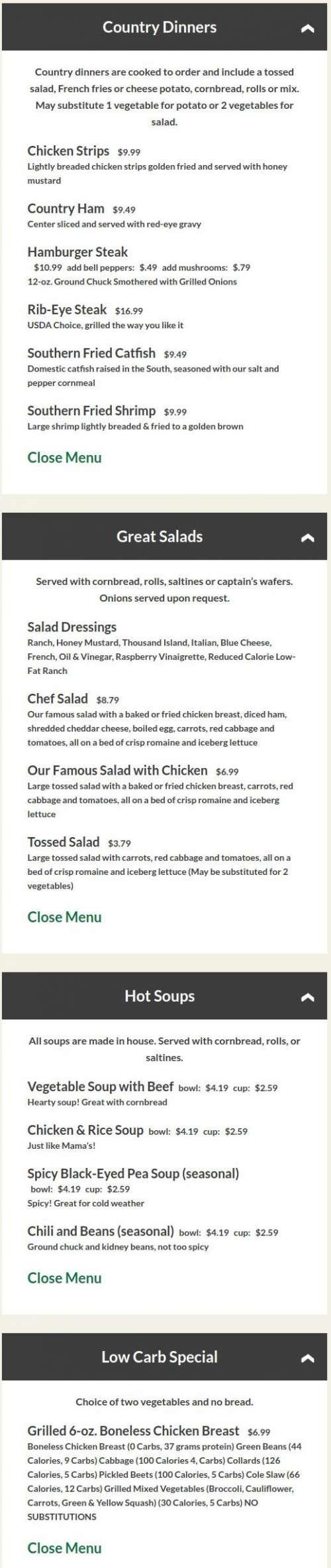 Lizard's Thicket Restaurant menu in Columbia, South Carolina, USA