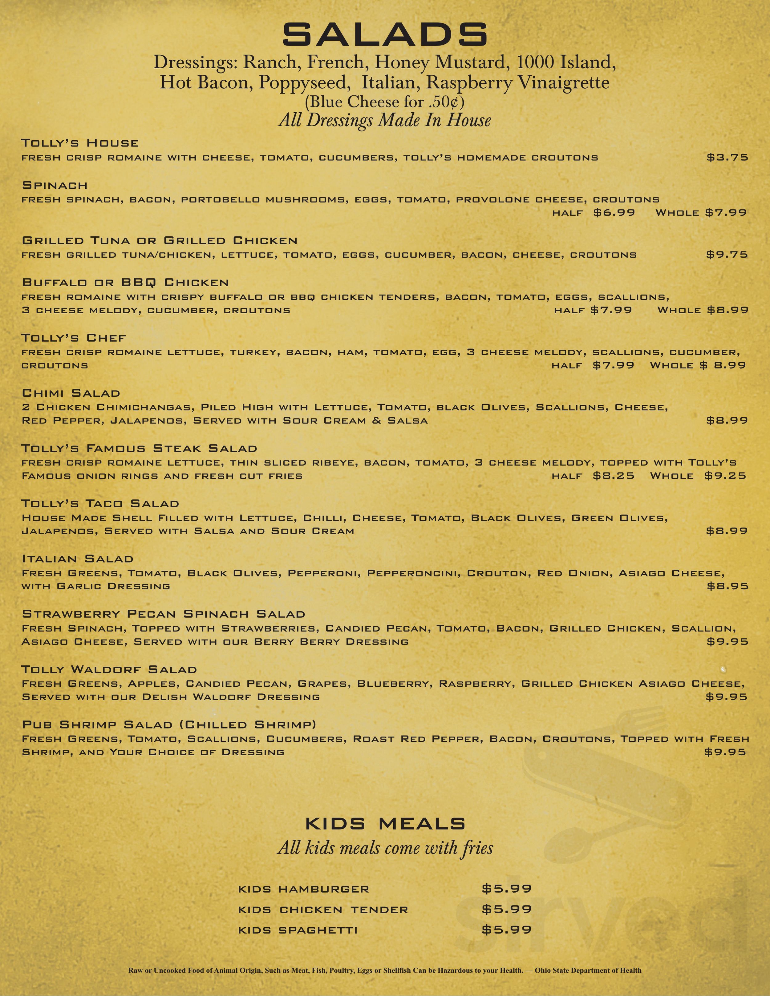 Tolly's Gastropub menu in Greenville, Ohio, USA