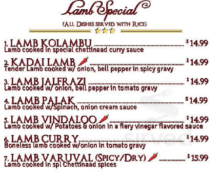 Annam Indian Cuisine menu in Houston, Texas, USA