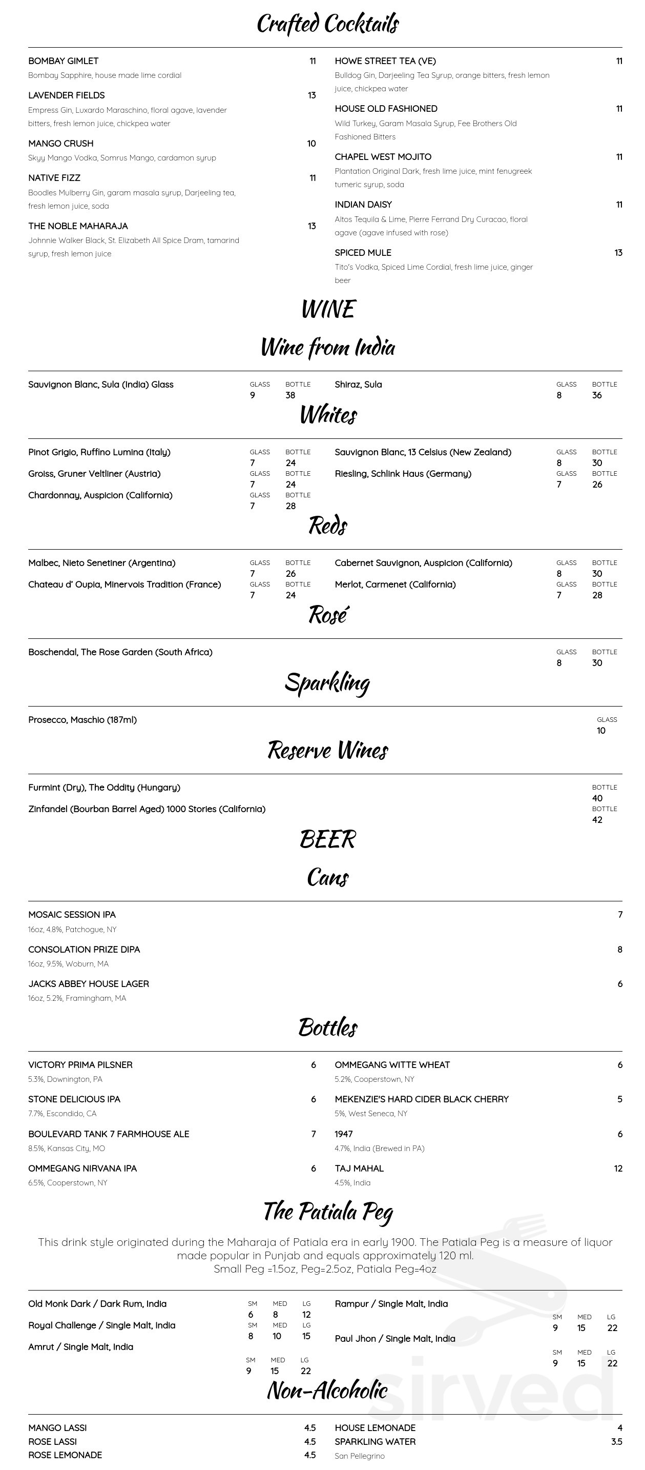 House of Naan Indian Kitchen and Bar menu in New Haven, Connecticut, USA
